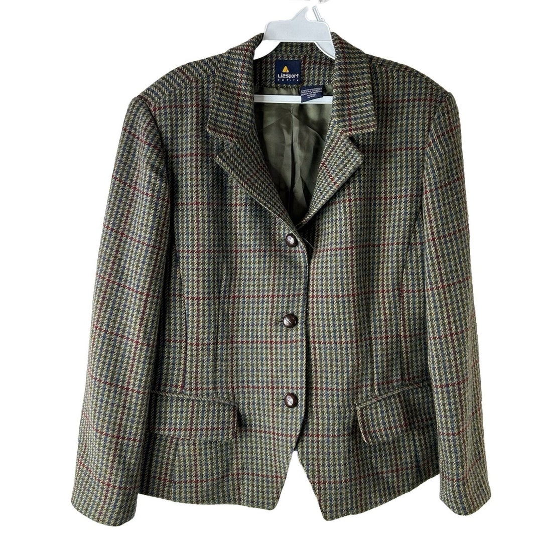 90s Womens 12P Wool Houndstooth Plaid Three Button Blazer Jacket ...