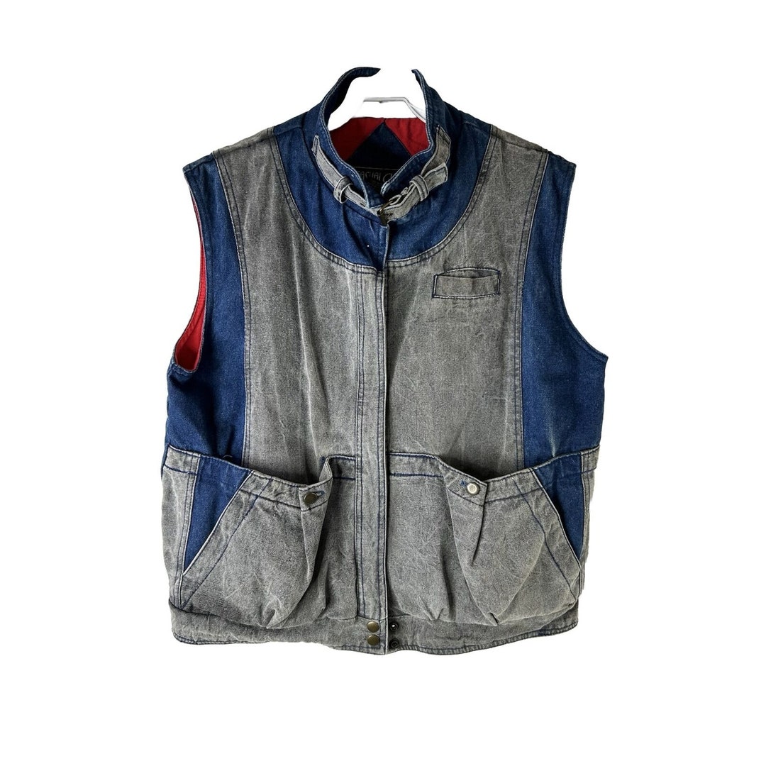 80s Streetwear Mens Large Color Block Baggy Faded Denim Jean Vest ...