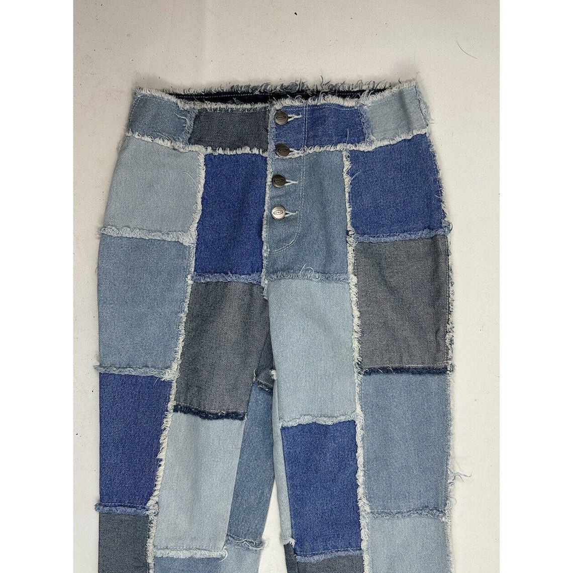 Y2K Womens 3/4 Button Fly Patchwork High Rise Flare Denim Blue Jeans ...