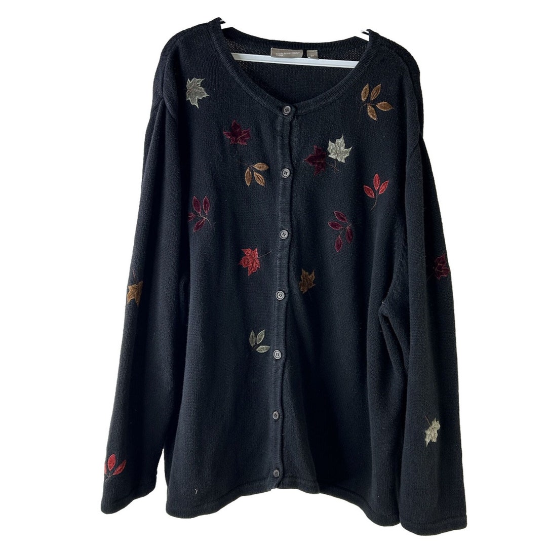 90s Womens 3XL Fall Autumn Leaves Stitched Cardigan Sweater Black ...
