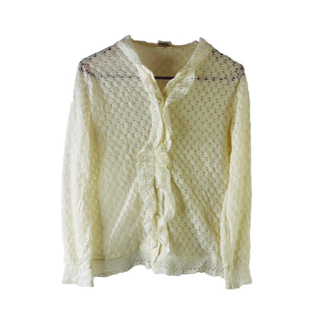 60s Womens Medium Sheer Crochet Frilly Ruffled Cardigan Sweater ...
