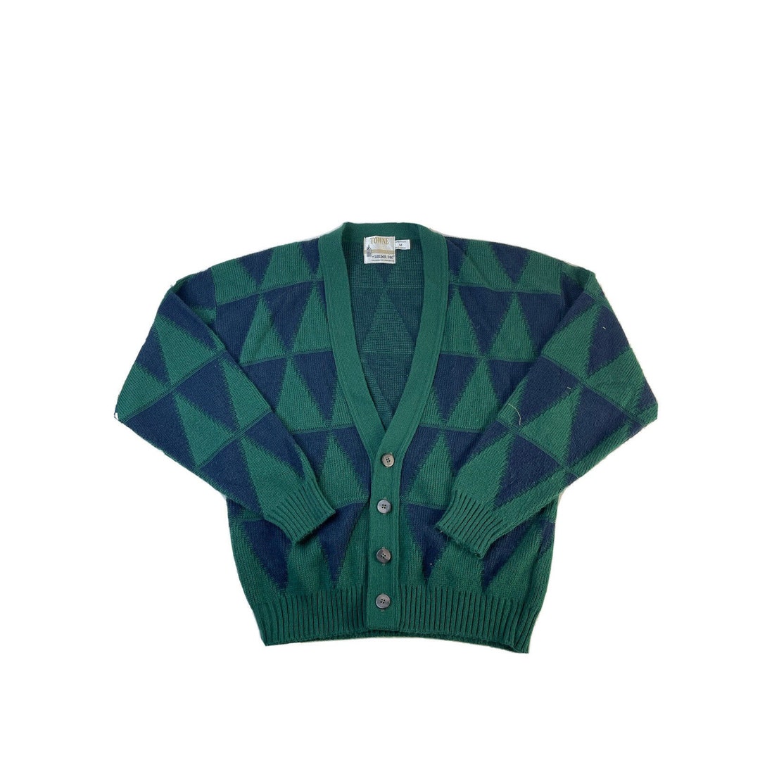 80s Mens Medium Argyle Diamond Knit Dad Cardigan Sweater USA. Mens Knit ...