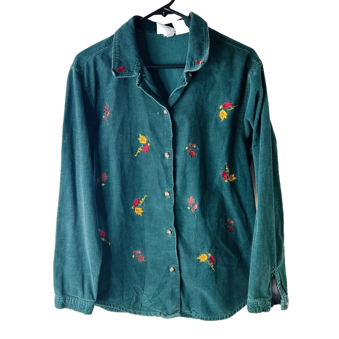90s Womens Small Fall Leaves Stitched Corduroy Button Shirt, Womens ...