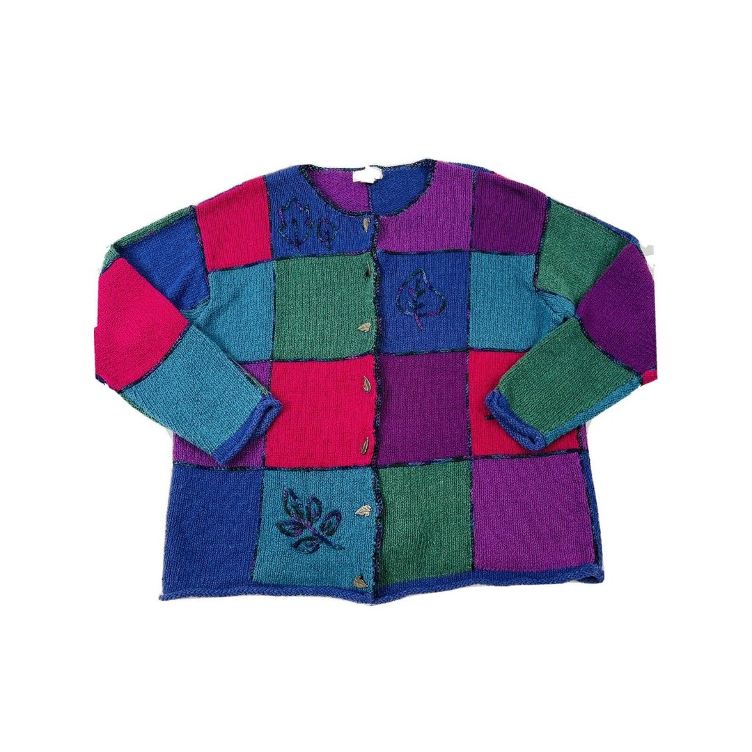 90s Womens XL Rainbow Color Block Nature Knit Cardigan Sweater Artsy ...