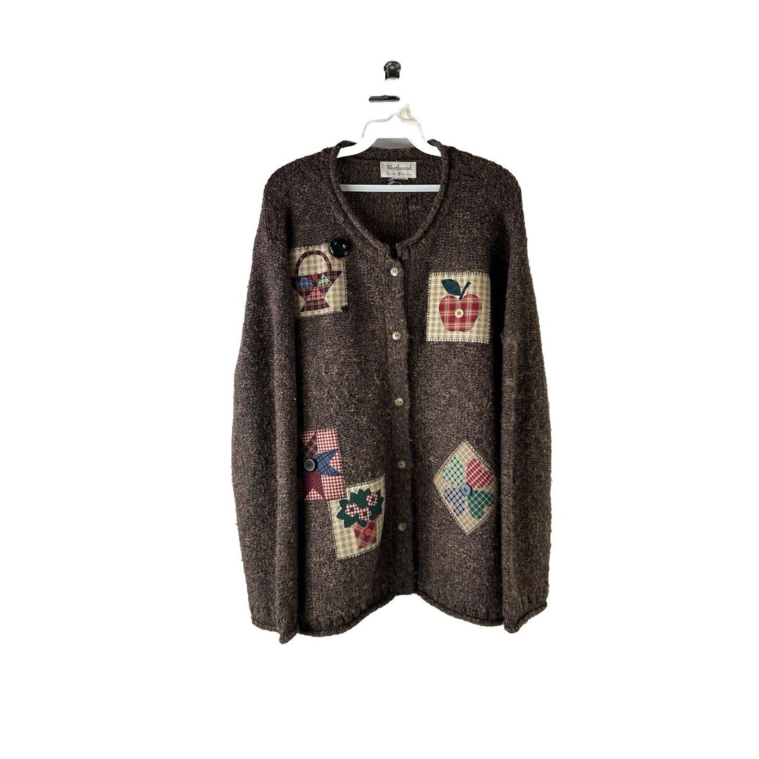 90s Womens 2XL School Teacher Instructor Apple Patchwork Cardigan ...