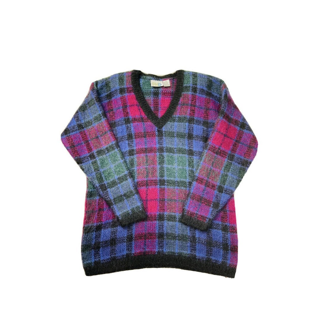 80s Womens Medium Mohair Wool Rainbow Punk Plaid Baggy Sweater, Vintage ...