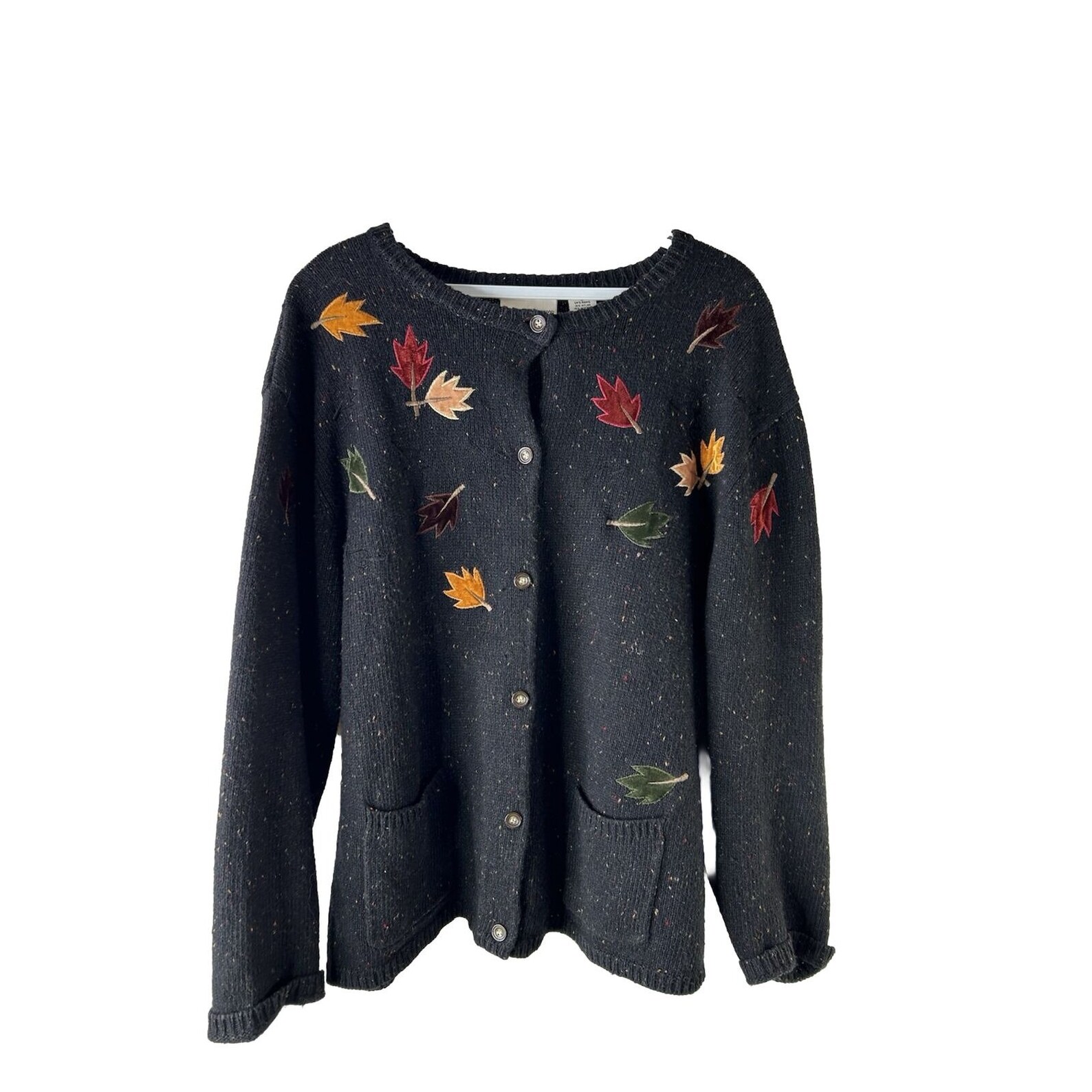 90s Womens Large Rainbow Fall Leaves Knit Cardigan Sweater Black ...