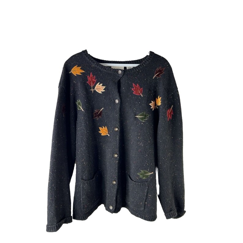 90s Womens Large Rainbow Fall Leaves Knit Cardigan Sweater Black ...