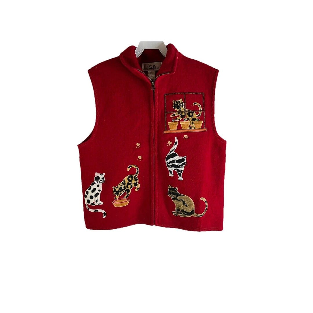 90s Womens Large Worsted Wool Kitty Cat Stitched Cardigan Sweater Vest ...