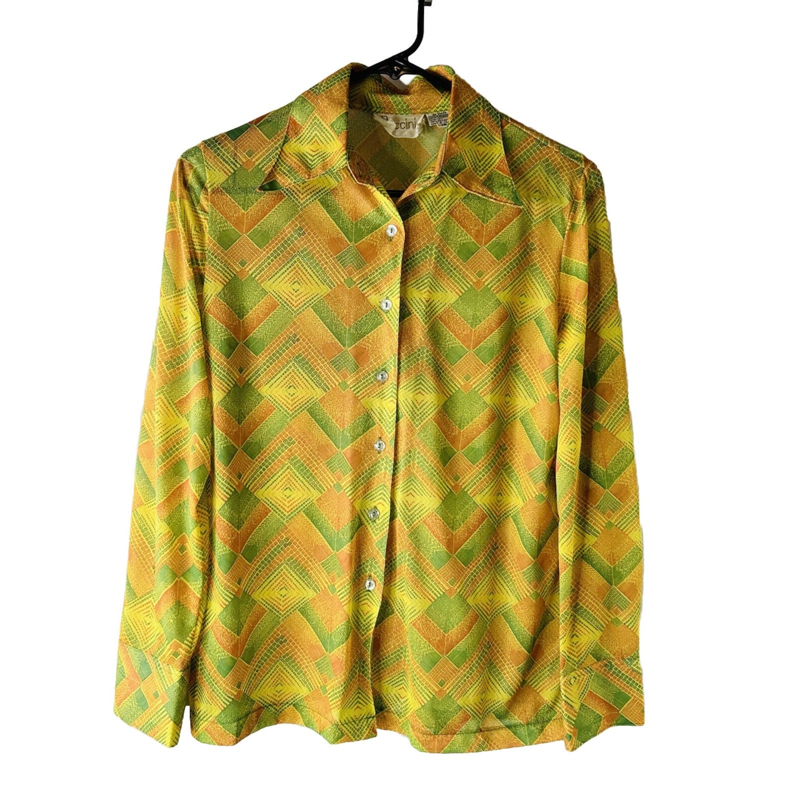 70s Womens Medium Diamond Print Trippy Pointed Collar Button Shirt ...