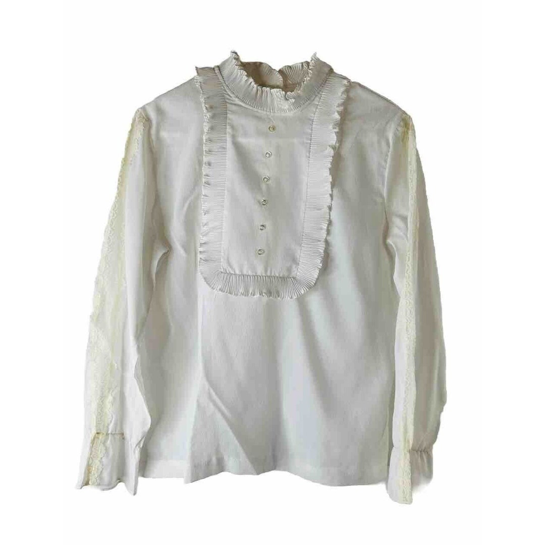 60s Womens Large Frilly Lace Bib Blouse White Renaissance Disco USA ...