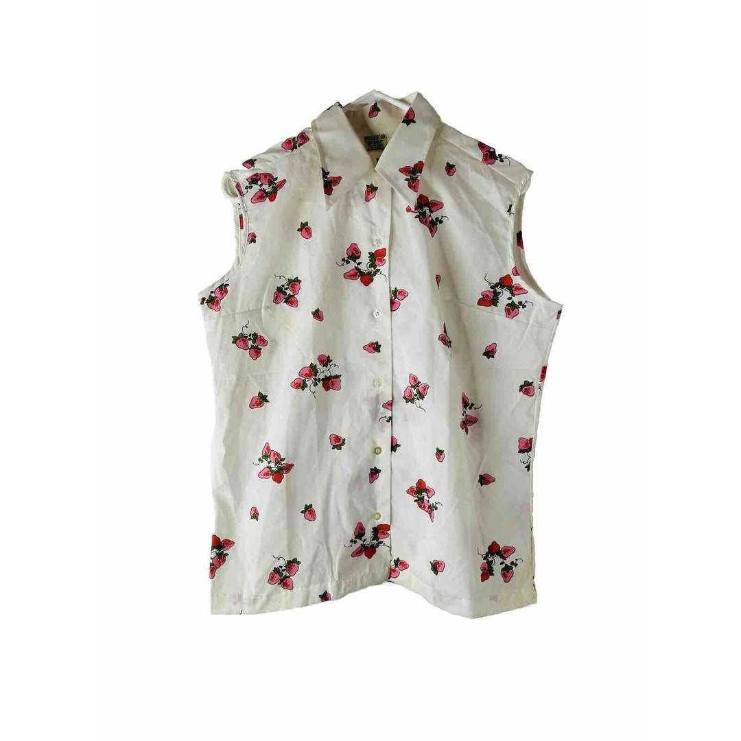 70s Womens Large Strawberry Print Pointed Collar Button Shirt ...