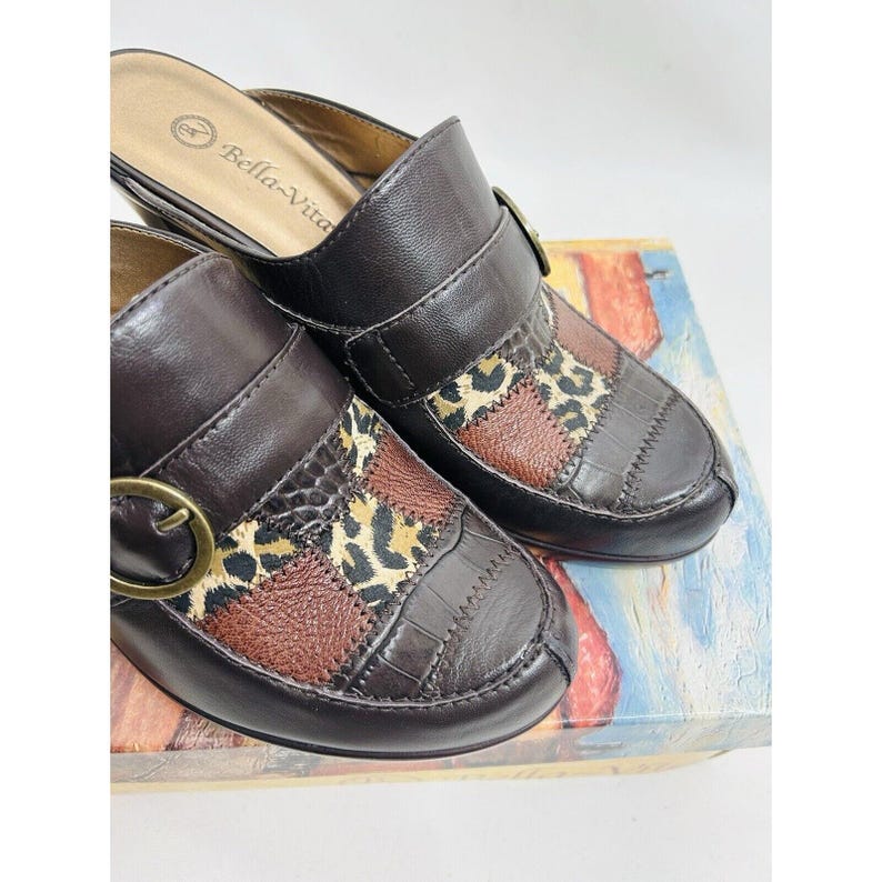 NOS Y2K Womens 11 W Leather Patchwork Color Block Heeled Clogs Mules ...