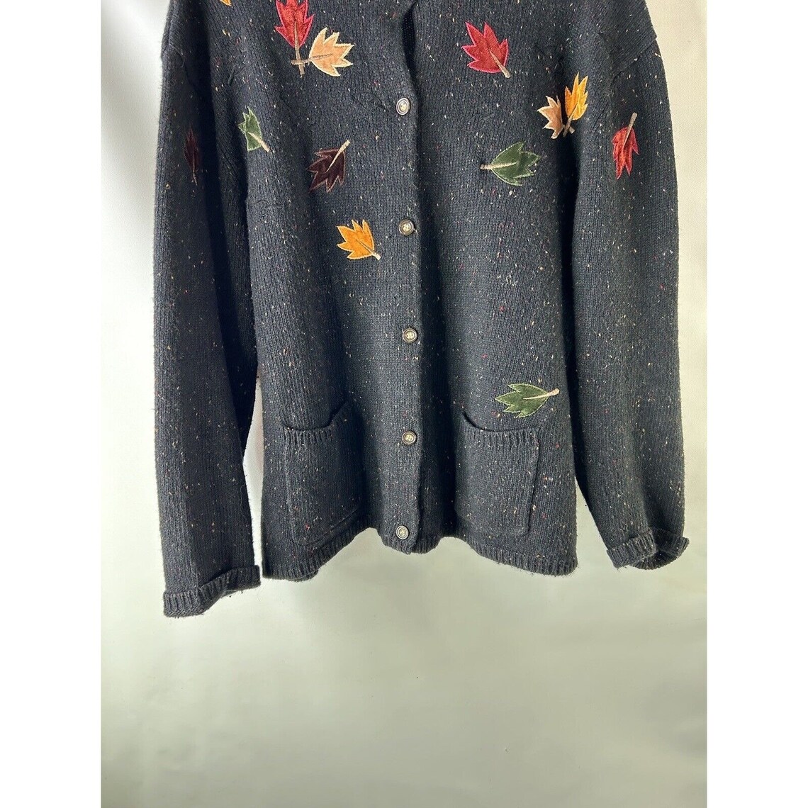 90s Womens Large Rainbow Fall Leaves Knit Cardigan Sweater Black ...