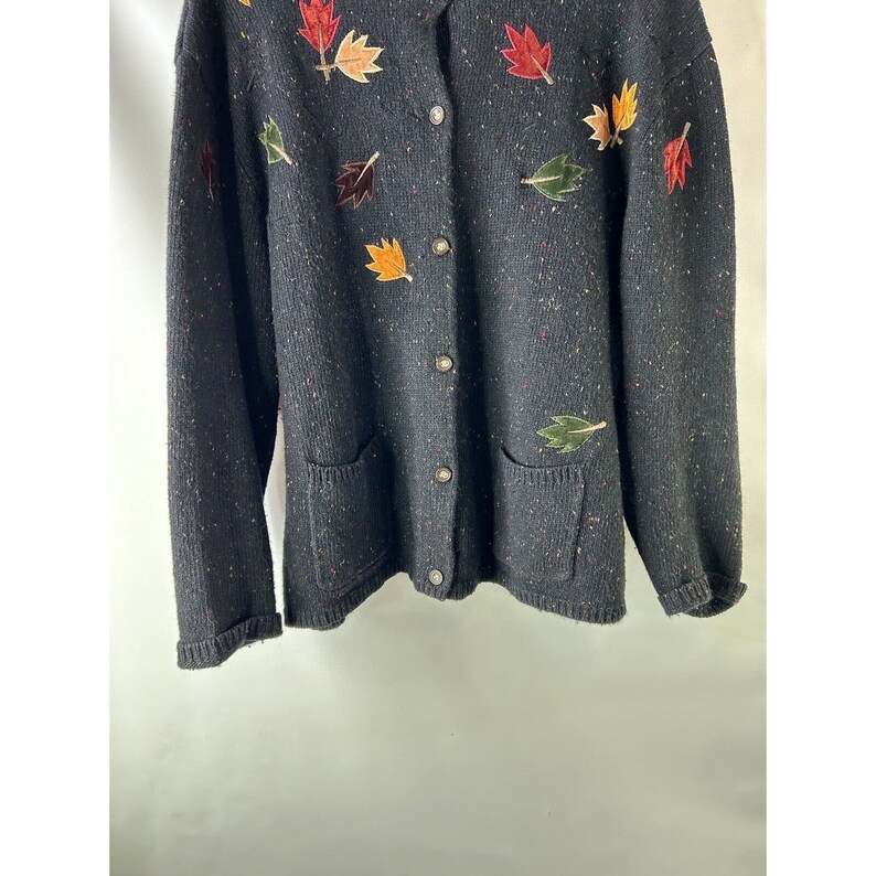 90s Womens Large Rainbow Fall Leaves Knit Cardigan Sweater Black ...