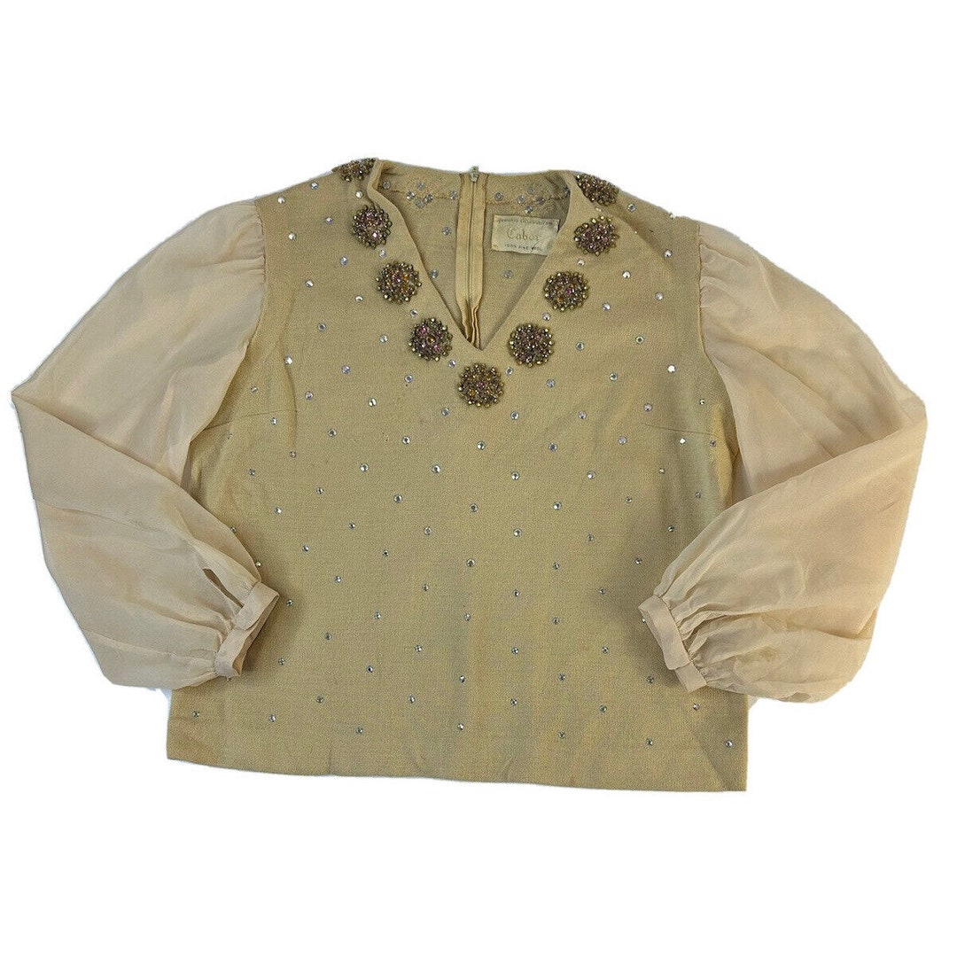 70s Womens Small Wool Knit Beaded Embellish Bling Puff Sweater ...