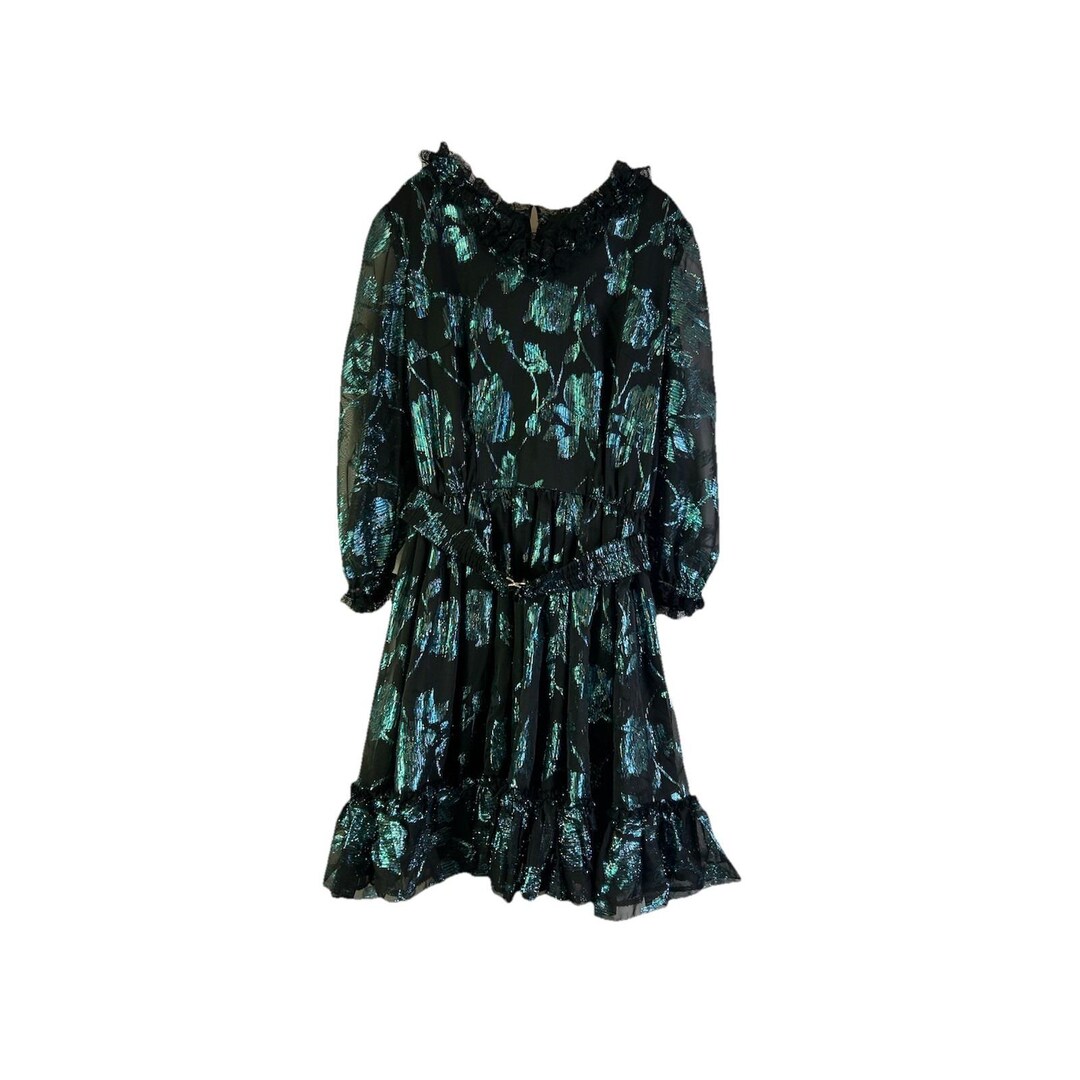70s Womens Medium Metallic Floral Ruffled Western Line Dancing Dress ...