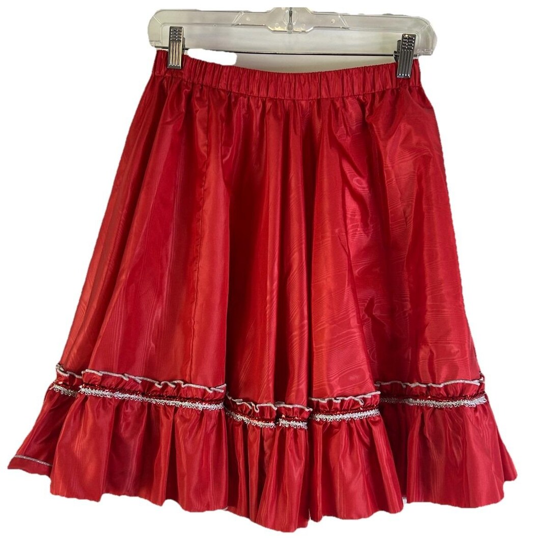 80s Womens Medium Red Taffeta Tiered Ruffled Line Dancing Skirt Western ...