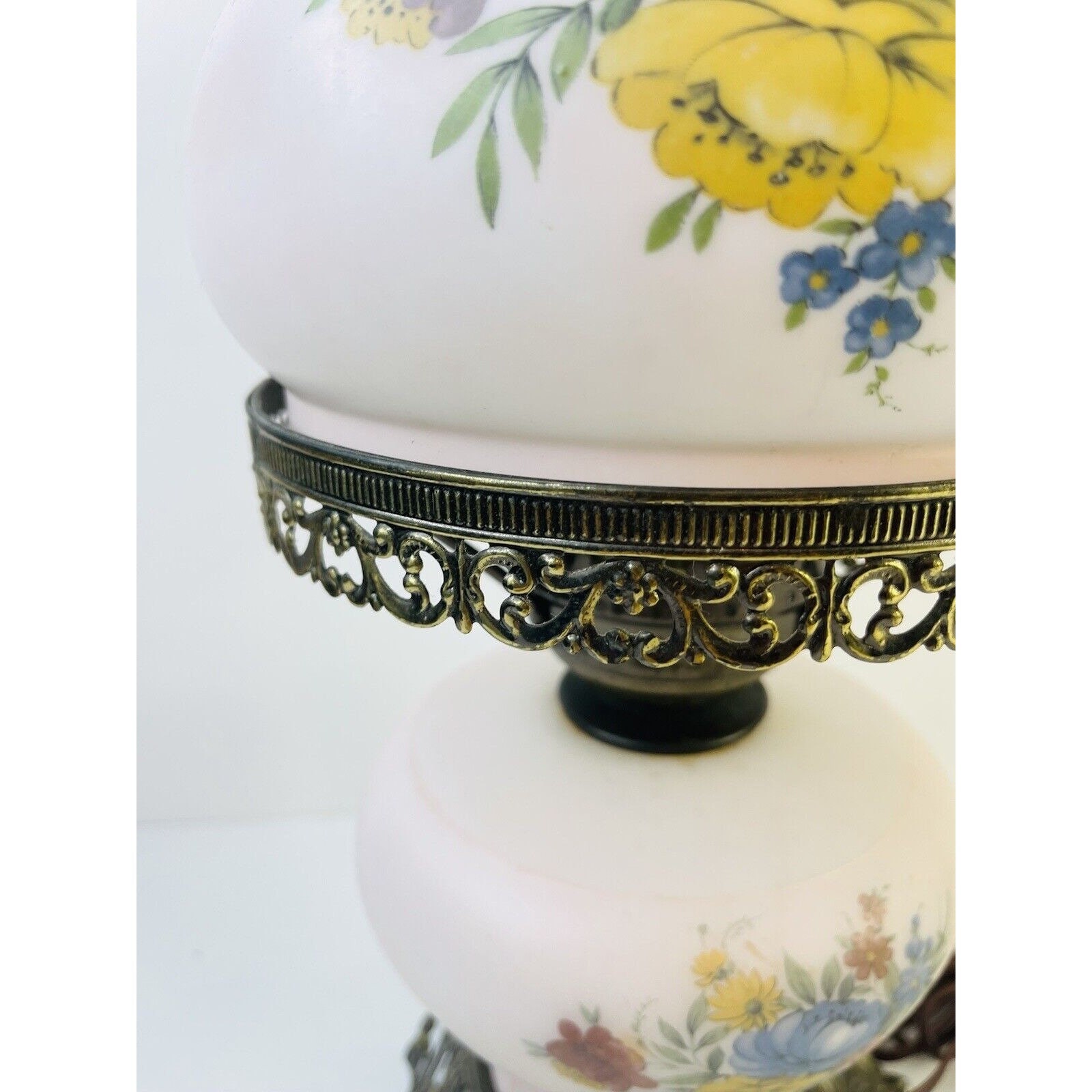 70s Pink Milk Glass Hand Painted Country Floral Hurricane Lamp ...