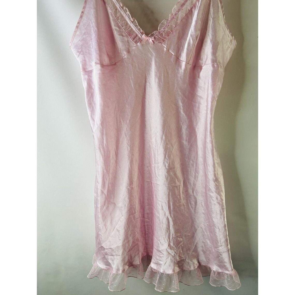 Y2K Womens Large Pink Satin Lace Frilly Chemise Slip Dress Fairy ...