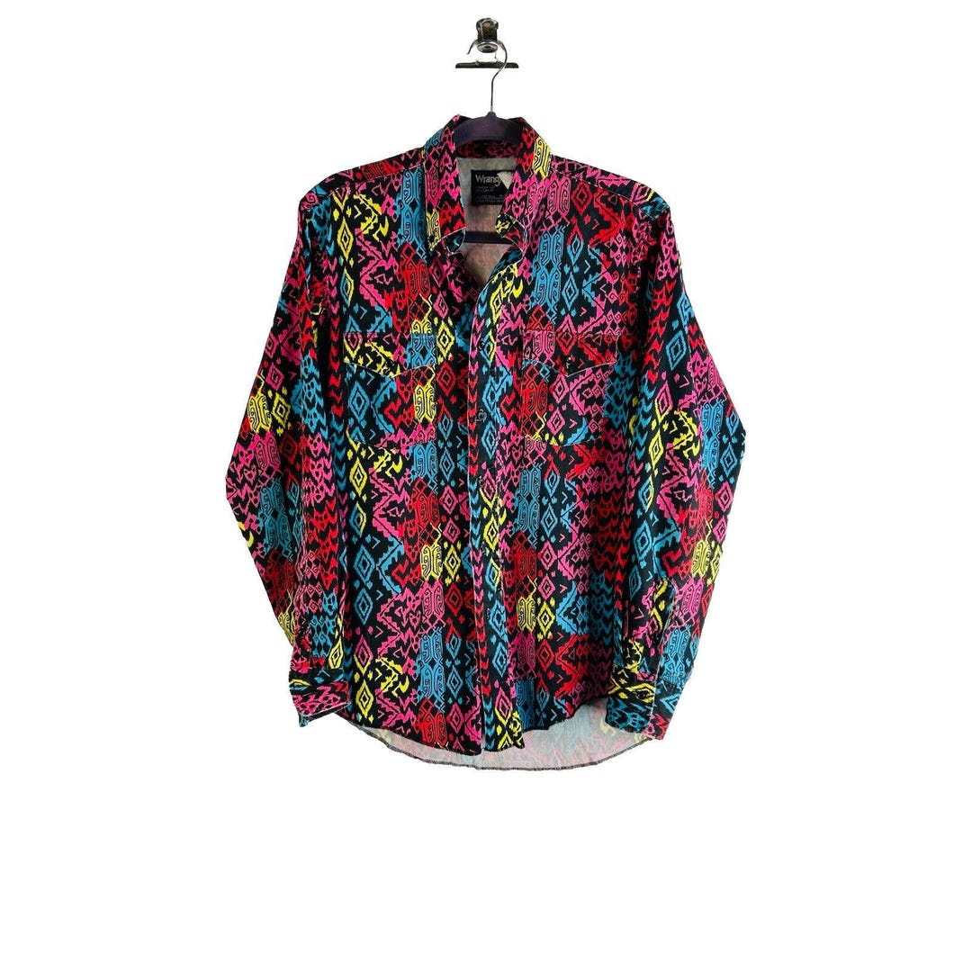 80s Wrangler Mens 15 34 Rainbow Geometric Faded Button Shirt Western ...