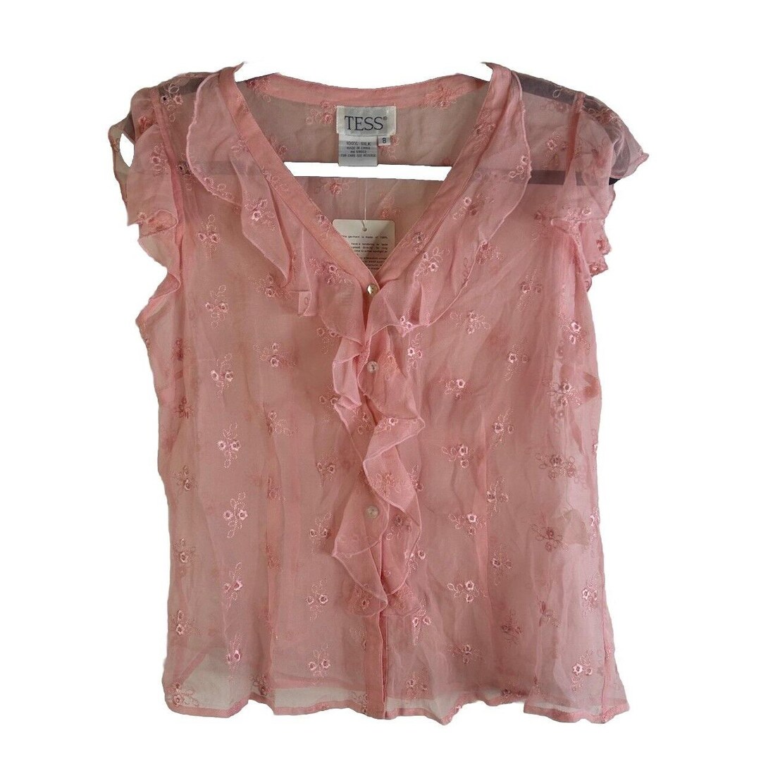 NOS Y2K Womens 8 Pink Silk Frilly Sheer Blouse Top Fairy Angel Romantic ...