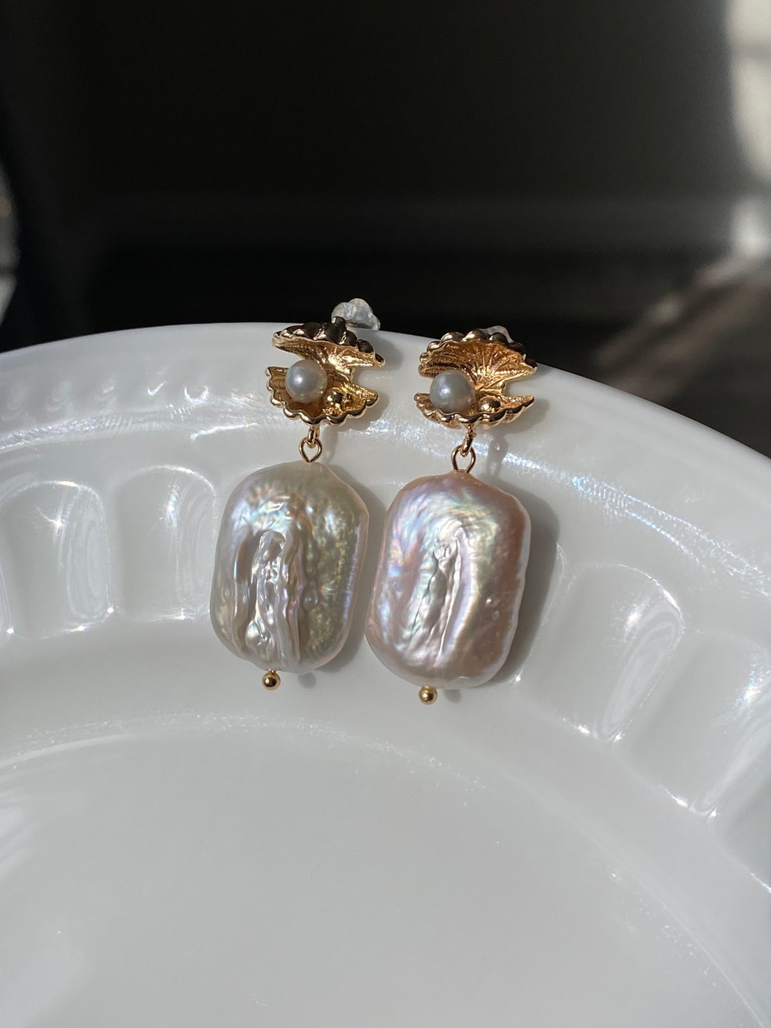 Akoya Grey Pearl in Golden Shell Earrings | Rectangular Baroque Pearl ...