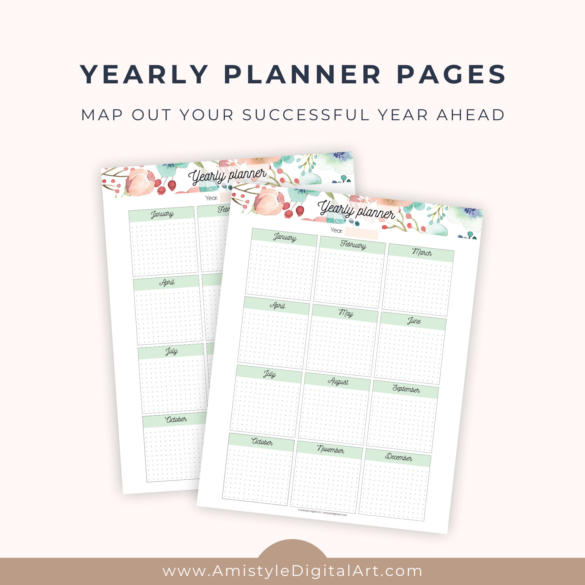 Yearly Planner Printable PDF, Undated Annual Organizer,watercolor ...