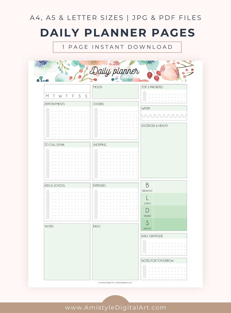 Daily Planner Printable PDF, Undated Daily Planner Printable ...