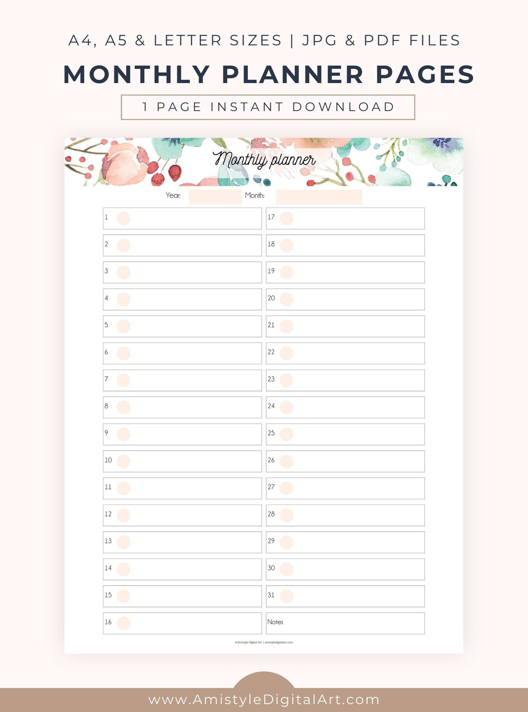 Monthly Planner Printable PDF, Undated Monthly Organizer, Watercolor ...
