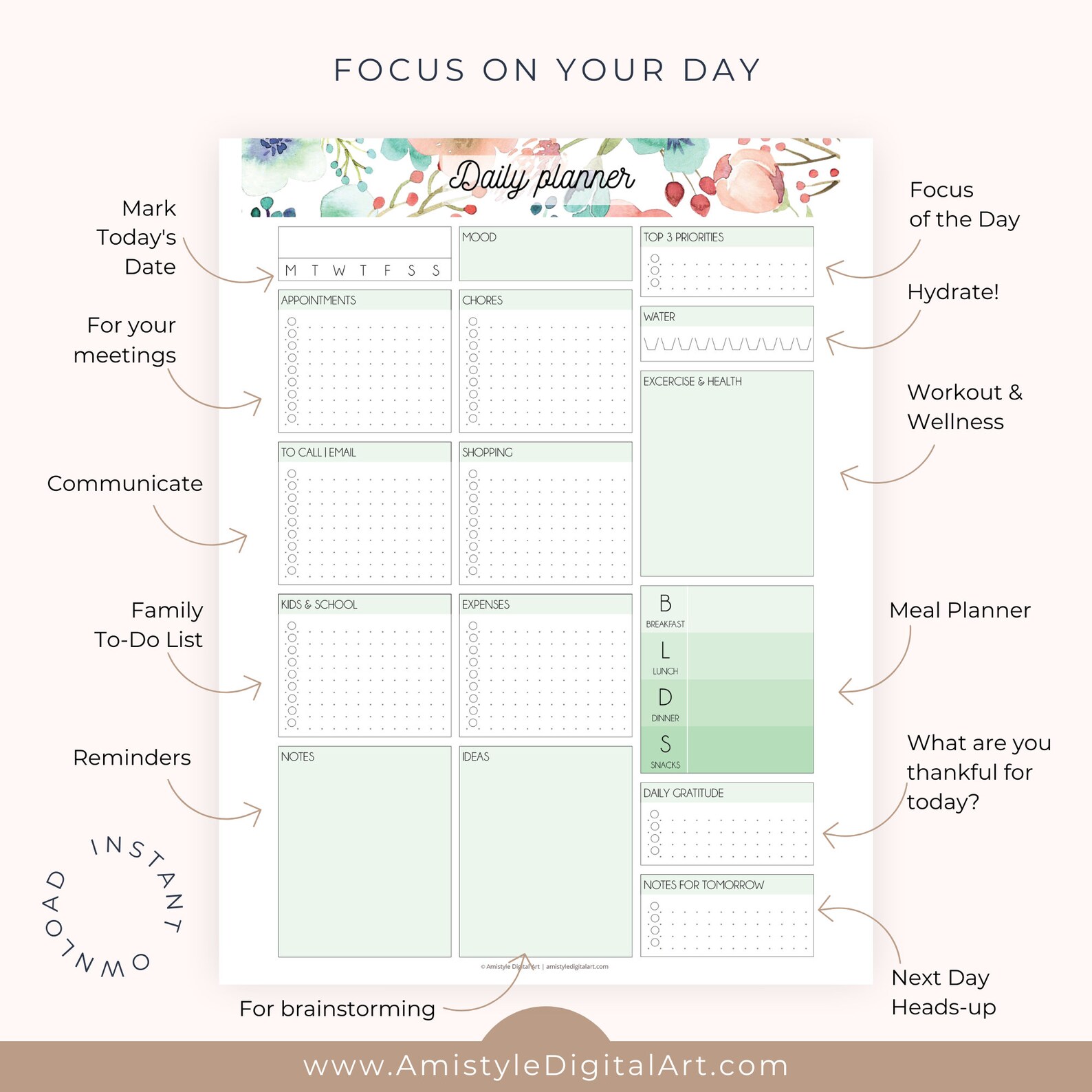 Daily Planner Printable PDF, Undated Daily Planner Printable ...