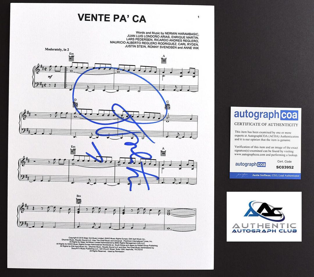 Ricky Martin Autograph Signed Sheet Music Vente Pa' Ca Acoa - Etsy