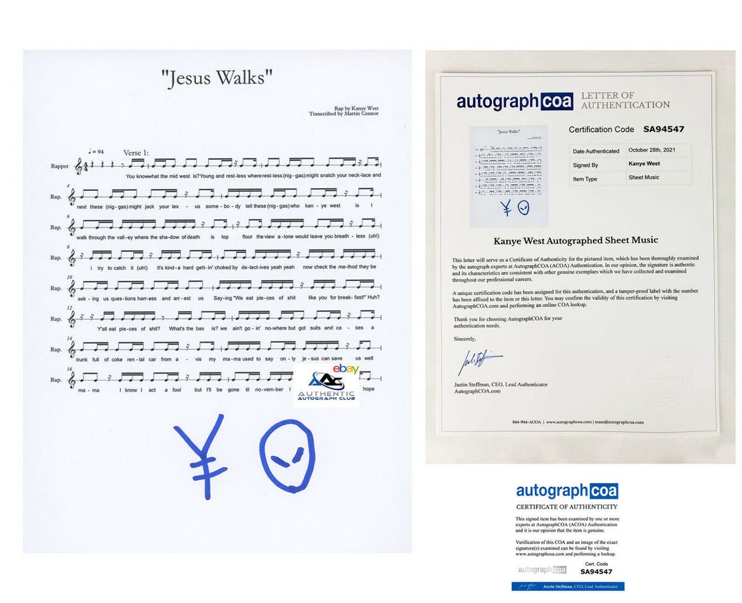 Rare New Ye Graph Kanye West Autograph Signed Sheet Music Jesus Walks ...