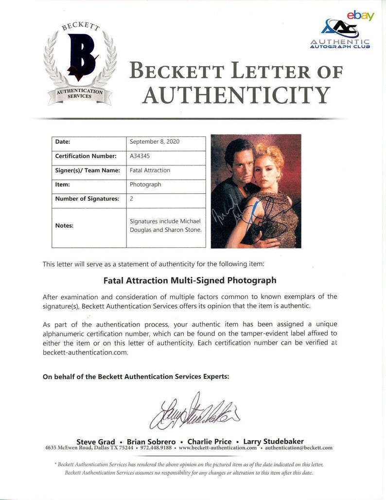 Michael Douglas and Sharon Stone Autograph Signed 8x10 Photo Beckett ...
