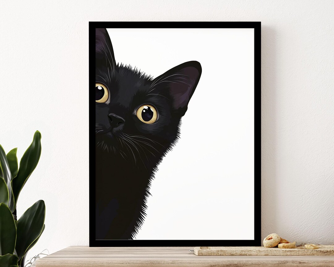 Peeking Cat Wall Art Print Framed Black Cat Portrait Cat Lover Gift ...