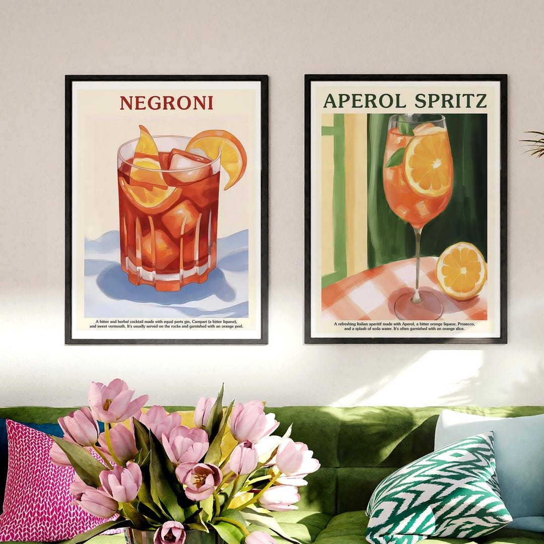 Set of 2 Cocktail Prints, Cocktail Poster, Negroni Art, Aperol Art ...