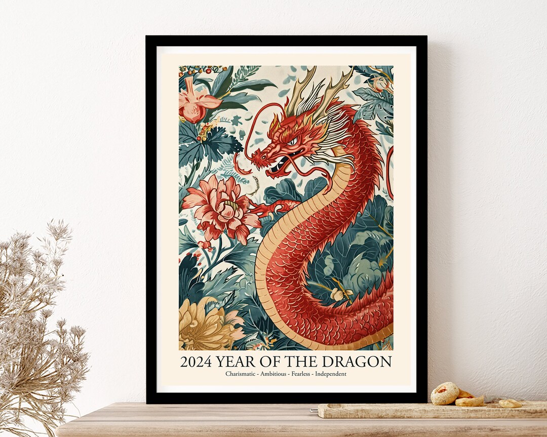 Lunar Year of the Dragon 2024 Red Dragon Art Chinese Zodiac Blue ...