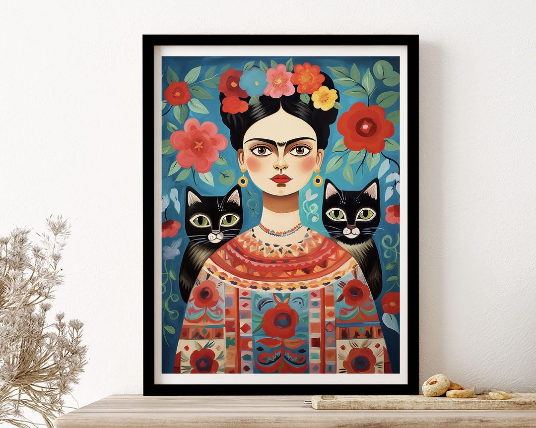 Frida Kahlo Two Cats Mexican Painting Botanical Floral Wall Art Print ...