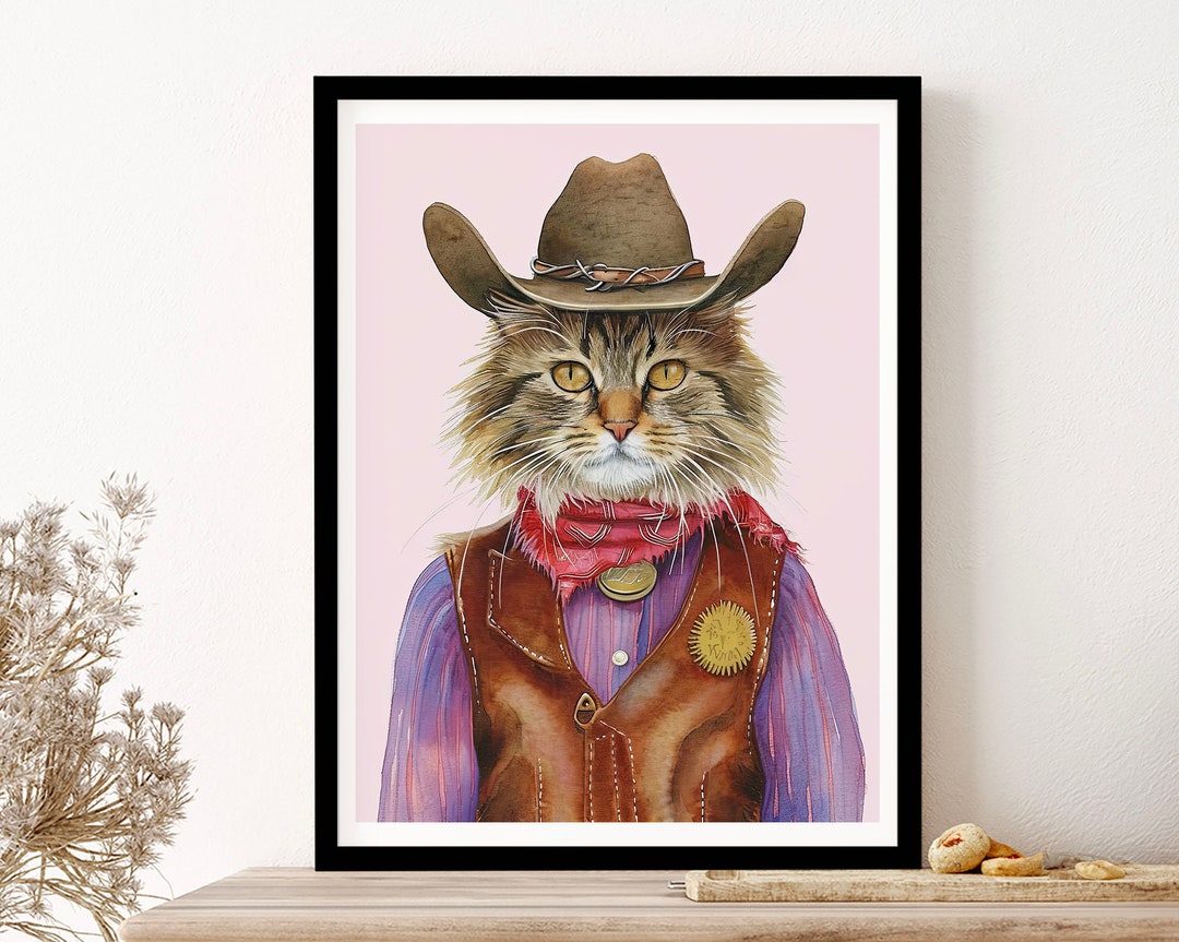 Brown Cat Cowboy Quirky Western Print Pet Decor 2 Wall Art Print Poster ...