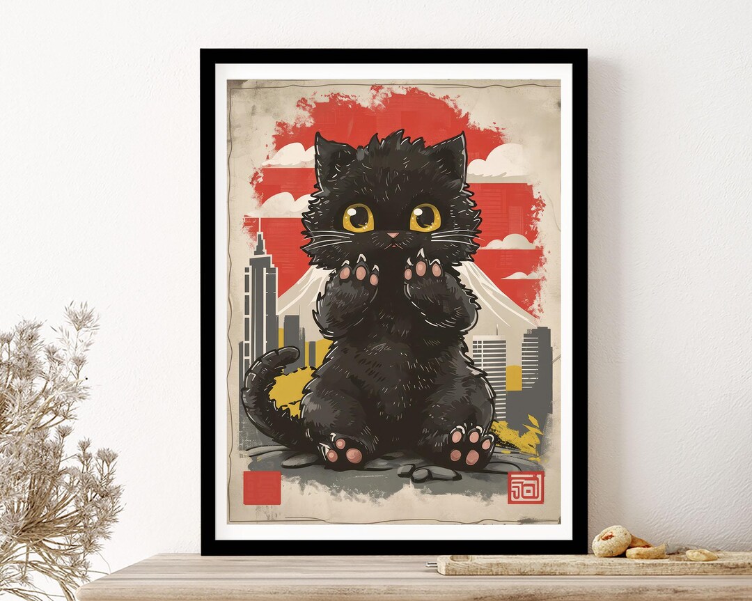Catzilla Cute Cat Godzilla Dragon Wall Art Print Poster Framed Art Gift ...