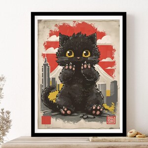 Catzilla Cute Cat Godzilla Dragon Wall Art Print Poster Framed Art Gift ...
