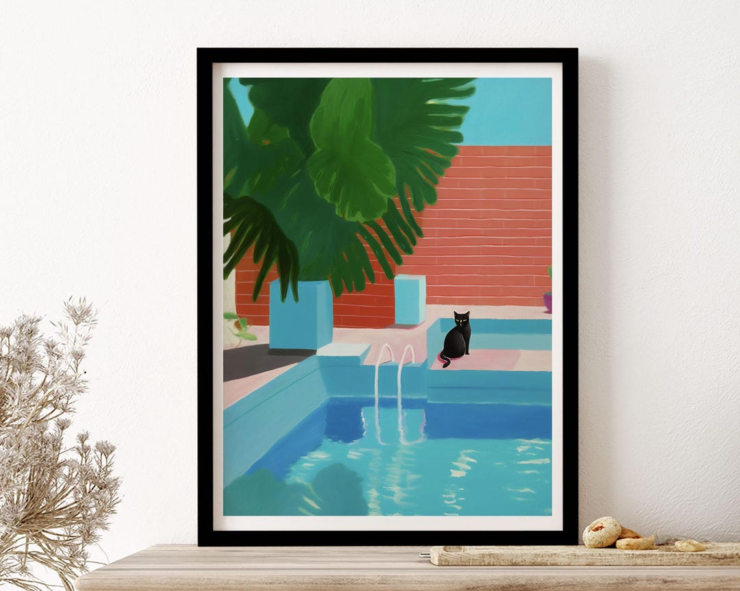 Hockney Black Cat by the Pool Painting - Etsy