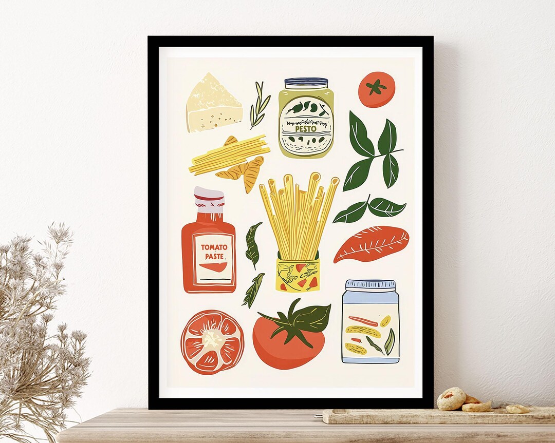 Pasta Italian Cooking Illustration Kitchen Wall Art Print Poster Framed ...