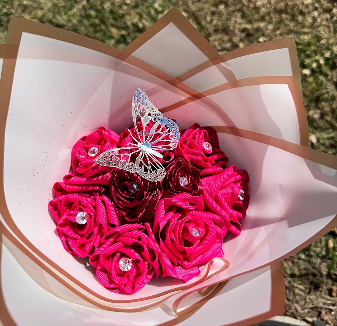 Beautiful Bouquet of 9 Flowers Handmade With Fabric Ribbons. Eternal ...