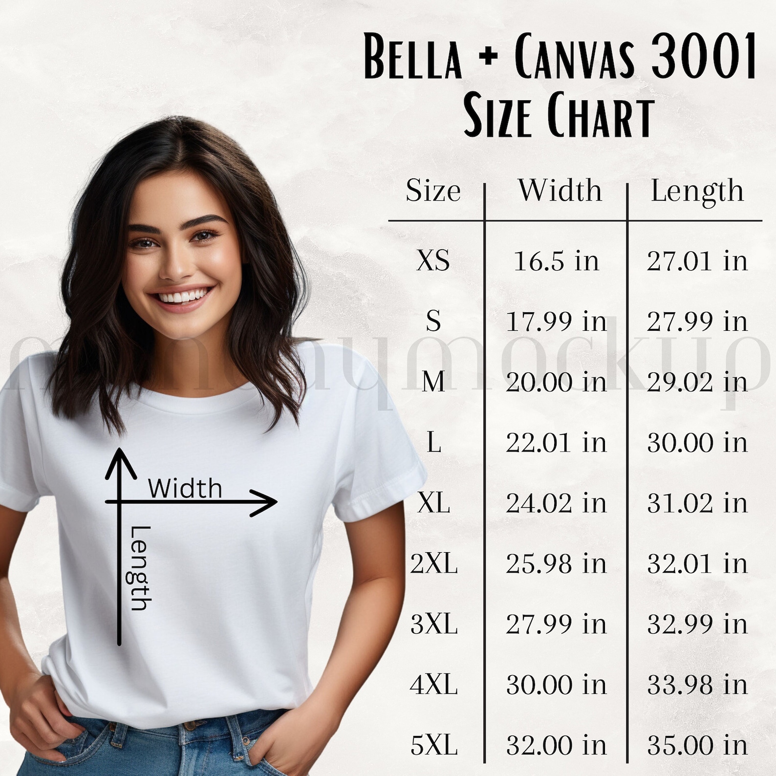 Bella Canvas 3001 Size Chart for Woman, BC3001 Size Chart, Woman's T ...