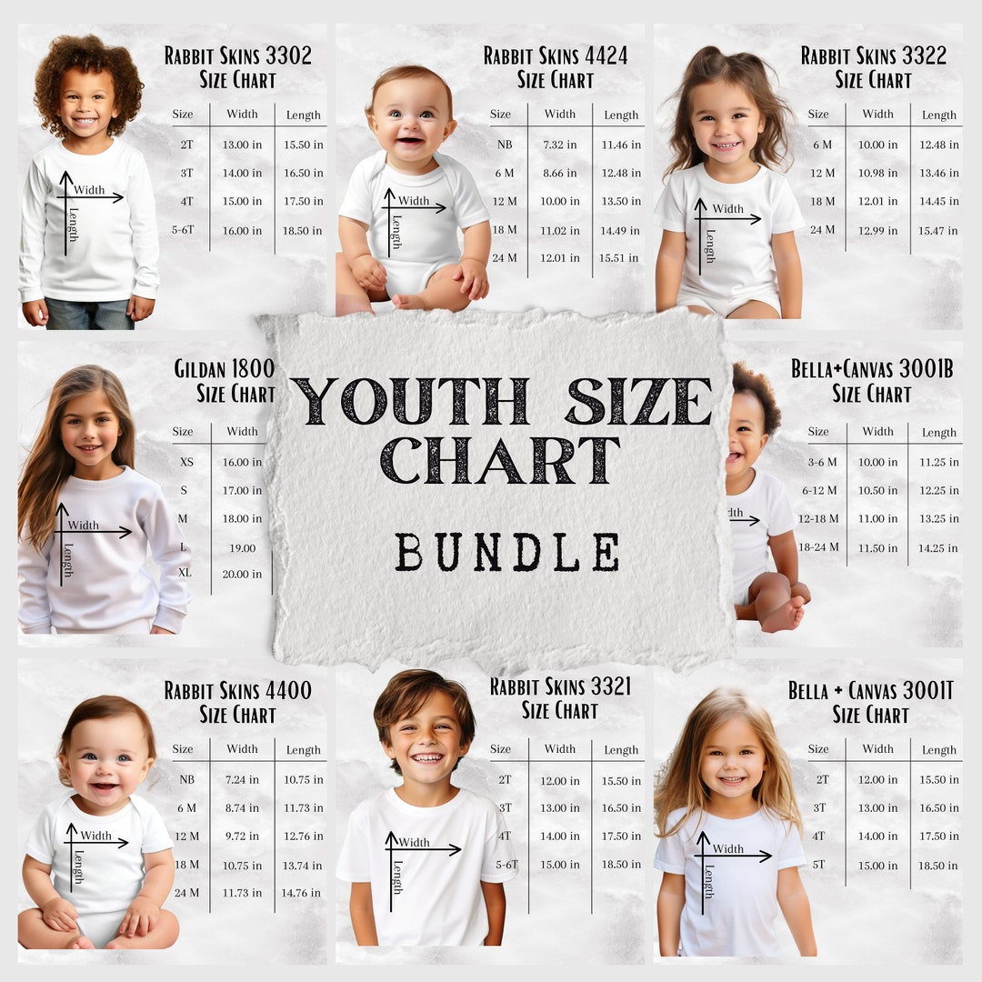 Toddler and Youth Size Chart Mockup Bundle, Kids Size Chart Mockups, Bella Canvas 3001Y Size ...