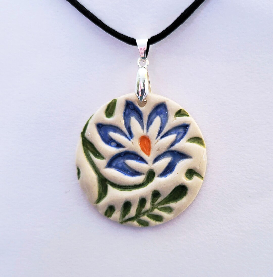 Porcelain Flower Pendant Blue Flower Indian Fabric Stamp Pendant Hand ...