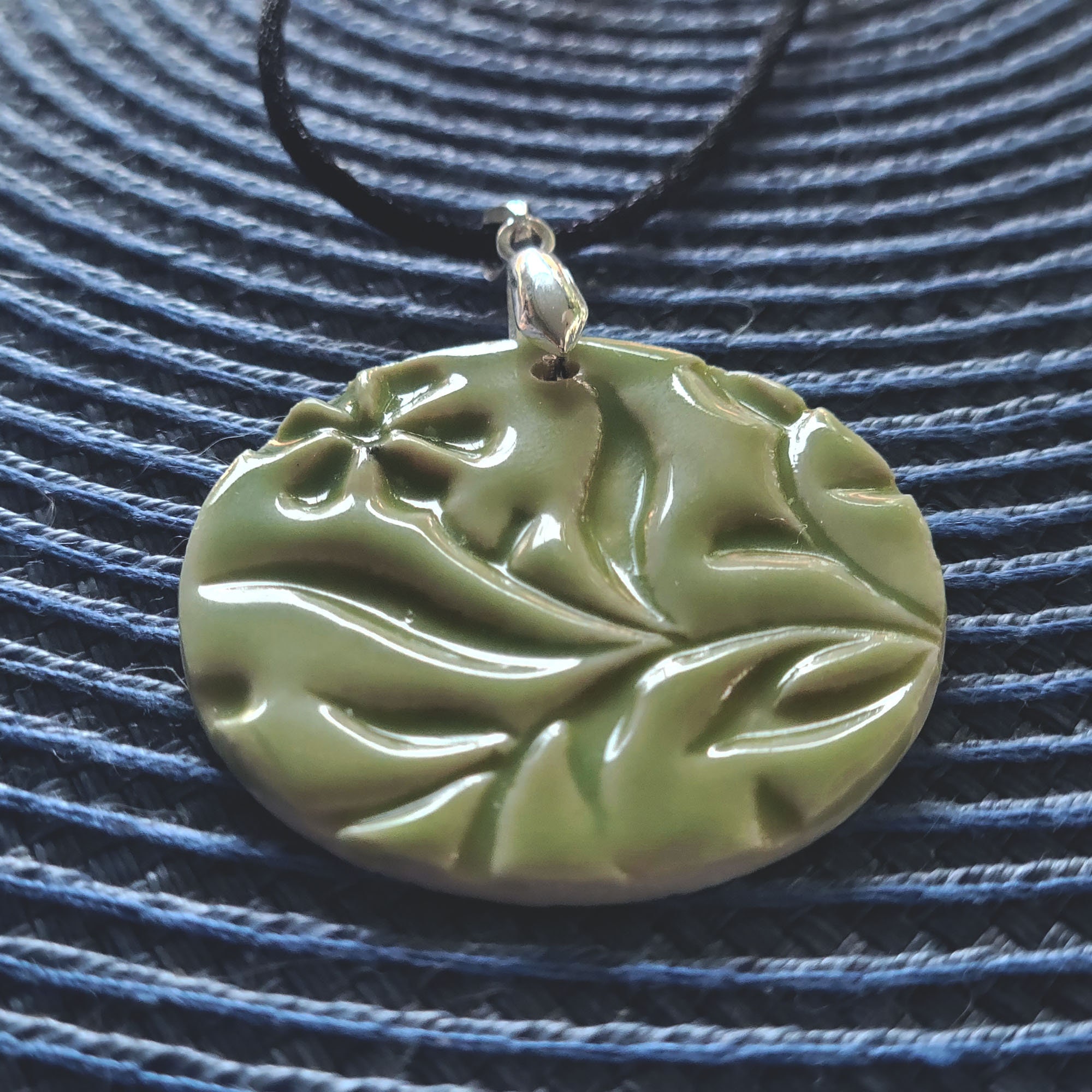Handmade Porcelain Pendant Green Leaves Indian Fabric Stamp Pendant ...