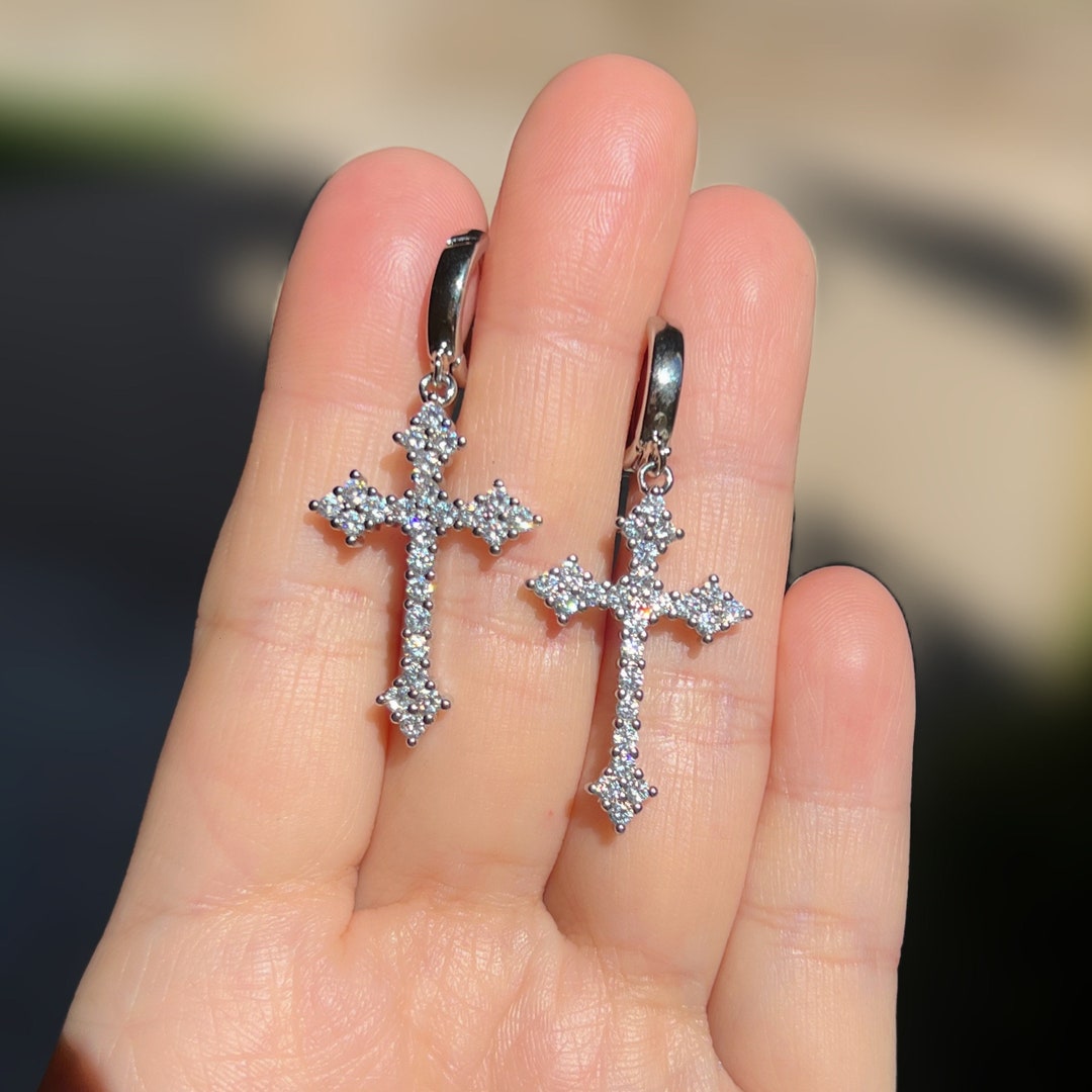 Silver Cross Drop Earrings, 925 Silver Dangle Cross Earrings, Pave ...