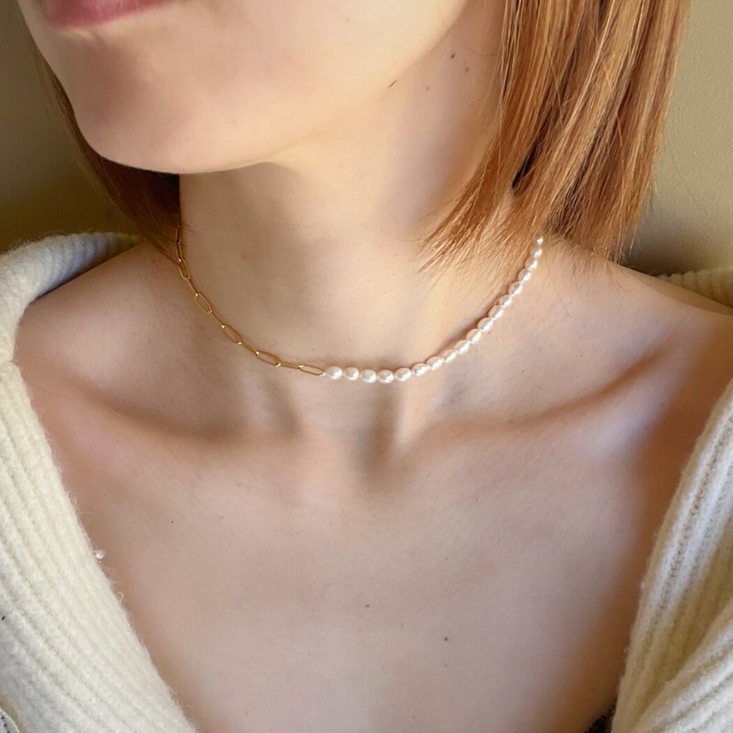 Nature Pearls Bead Necklace&14k Gold Paperclip Chain Necklace, Pearls Choker, Bridesmaid Gift ...